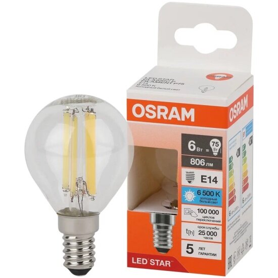 Светодиодная лампа Ledvance-osram Osram LED STAR CL P75 6W/865 220-240V FIL CL E14 806lm