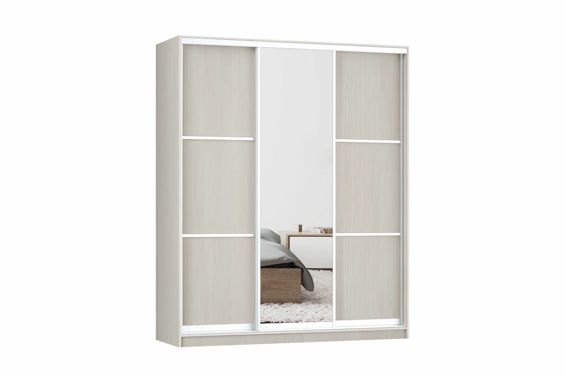 Шкаф купе для одежды Ронни 3, МФ-Купе, с зеркалом, 160х45х240, белье/платье/белье, бодега белая, профиль белый