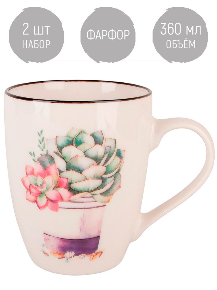 Набор кружек 2 шт "Floristry", 12х8х10,5 см, объем 360 мл, фарфор, Nouvelle, суккулент