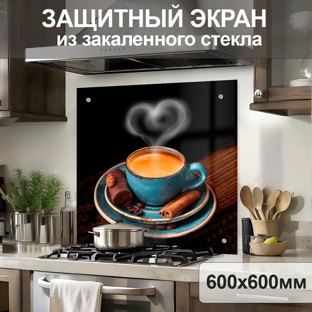 Защитный экран от брызг на плиту 600х600х4мм. Стеновая панель для кухни из закаленного стекла. Фартук для кухни на стену