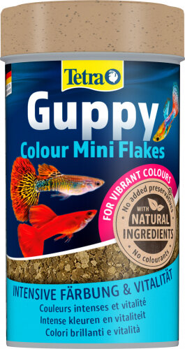 Корм для окраса гуппи и других живородящих рыб Tetra Guppy Colour Mini Flakes в виде мини хлопьев 100мл