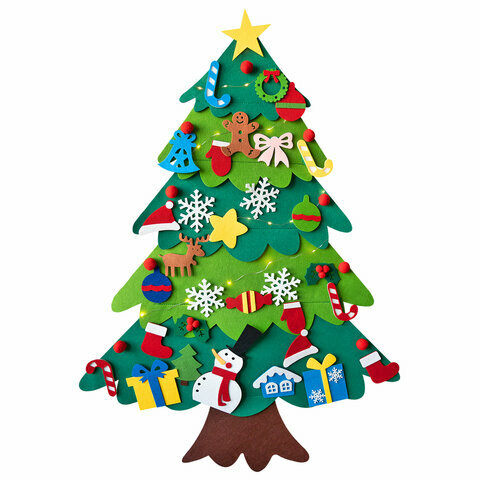 Фетровая ель с игрушками 102х68 см, 32 украшения, 3 м гирлянда, золотая сказка, 592141