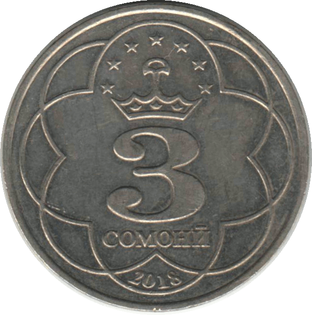 Монета. Таджикистан. 3 сомони. 2018 год.