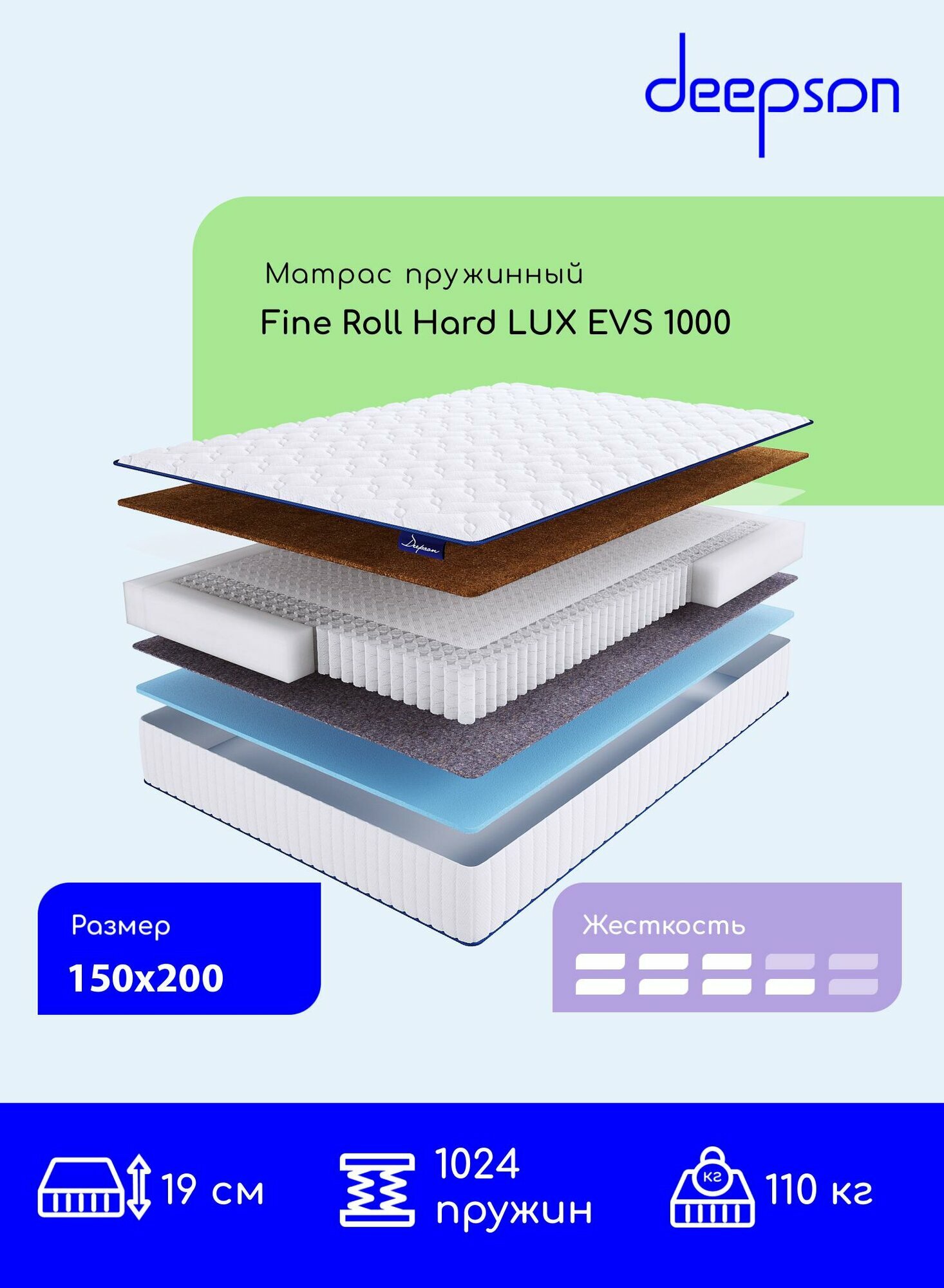 Матрас 150x200 ортопедический пружинный Fine Roll Hard LUX EVS 1000 высота 19 см