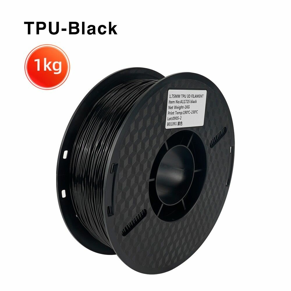 "Катушка черного пластика TPU для 3D-принтера" - 1,75 мм, 1 кг, Пластик для 3D печати Нить Kingroon
