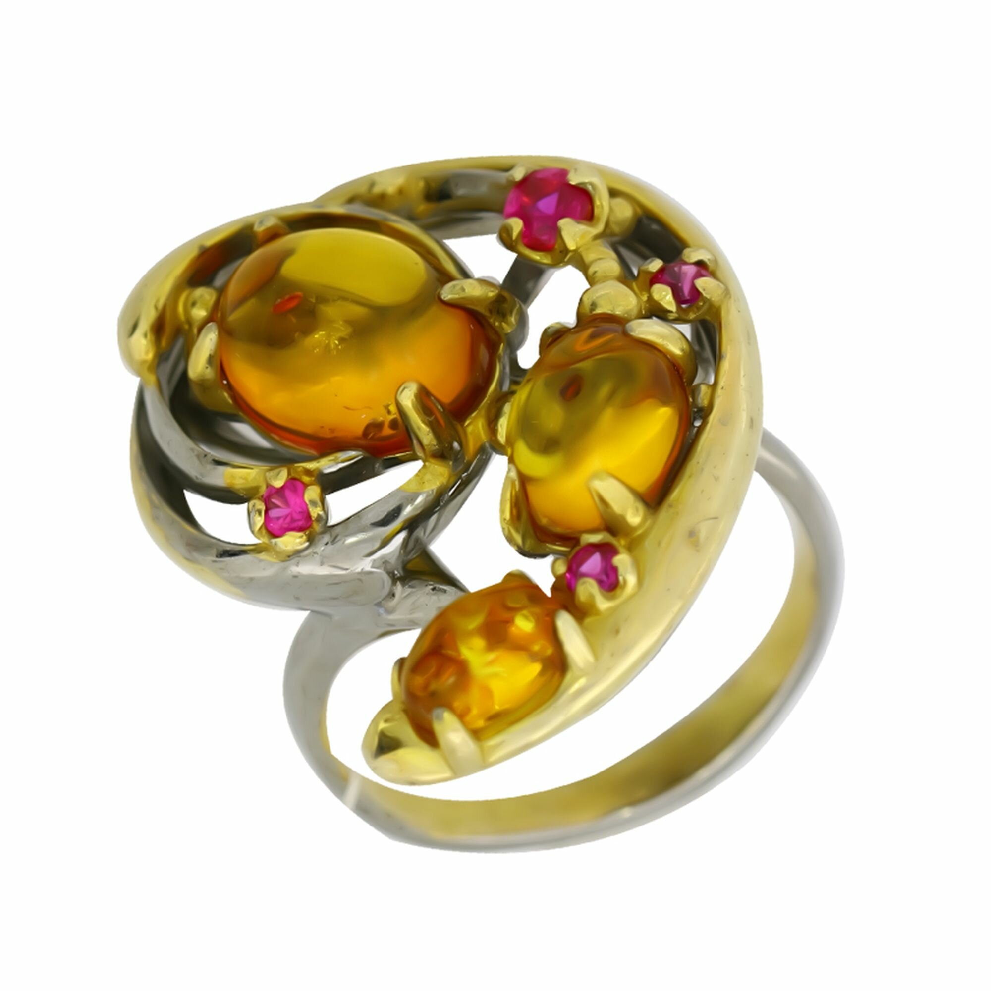 Кольцо, серебро, 925 проба, янтарь, фианит