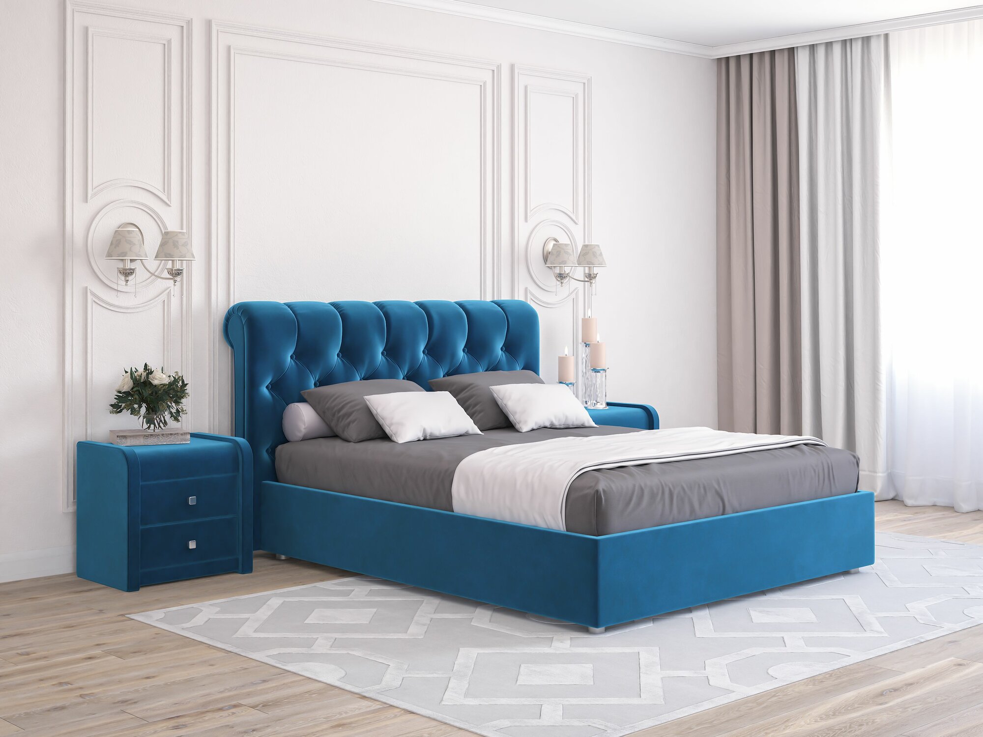 Кровать "Мелодия сна "Элис" с пуговицами, с подъемным механизмом и ящиками для белья, ткань синяя Инфинити