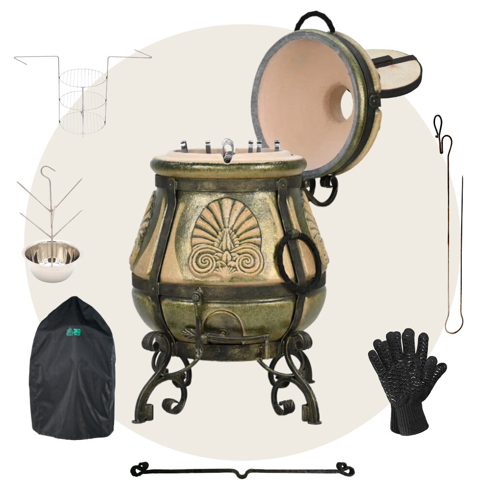 Комплект "ЭКОтандыр-Греческий" малахит с патиной, откидная крышка: тандыр + 7 аксессуаров
