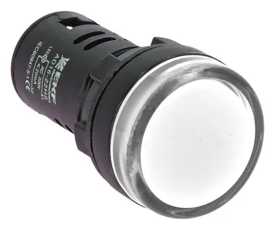 Лампа сигнальная индикаторная EKF / ЕКФ PROxima AD16-22HS светодиодная, с круглой линзой, белое свечение, длина 50мм, диаметр отверстия 22мм, 12В, IP54 / индикатор