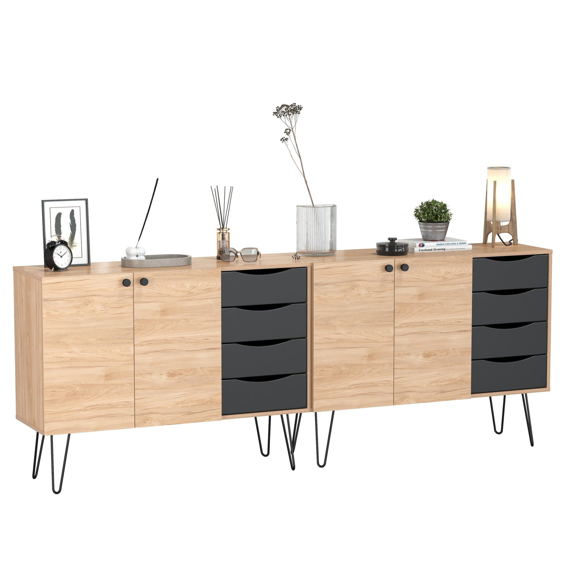 Два комода-тумбы с четырьмя ящиками и дверкой каждый Брюс, цвет чёрный/Battle rock Santiago, 226,8х38,3х85,6 см.