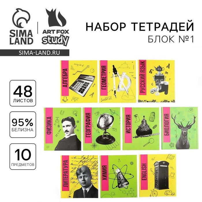 Тетради предметные, 48 л, набор из 10 шт, блок №1, уф лак, матовая ламинация «Яркий»