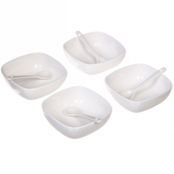 Набор соусников Magic White 4 шт с ложками "Квадрат" мягкий, керамика