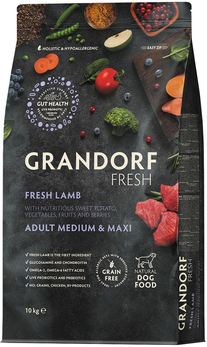 Корм сухой Grandorf Fresh Grain Free Dog Adult Medium & Maxi Lamb & Sweet Potato беззерновой для взрослых собак средних и крупных пород, ягненок, батат, 10 кг