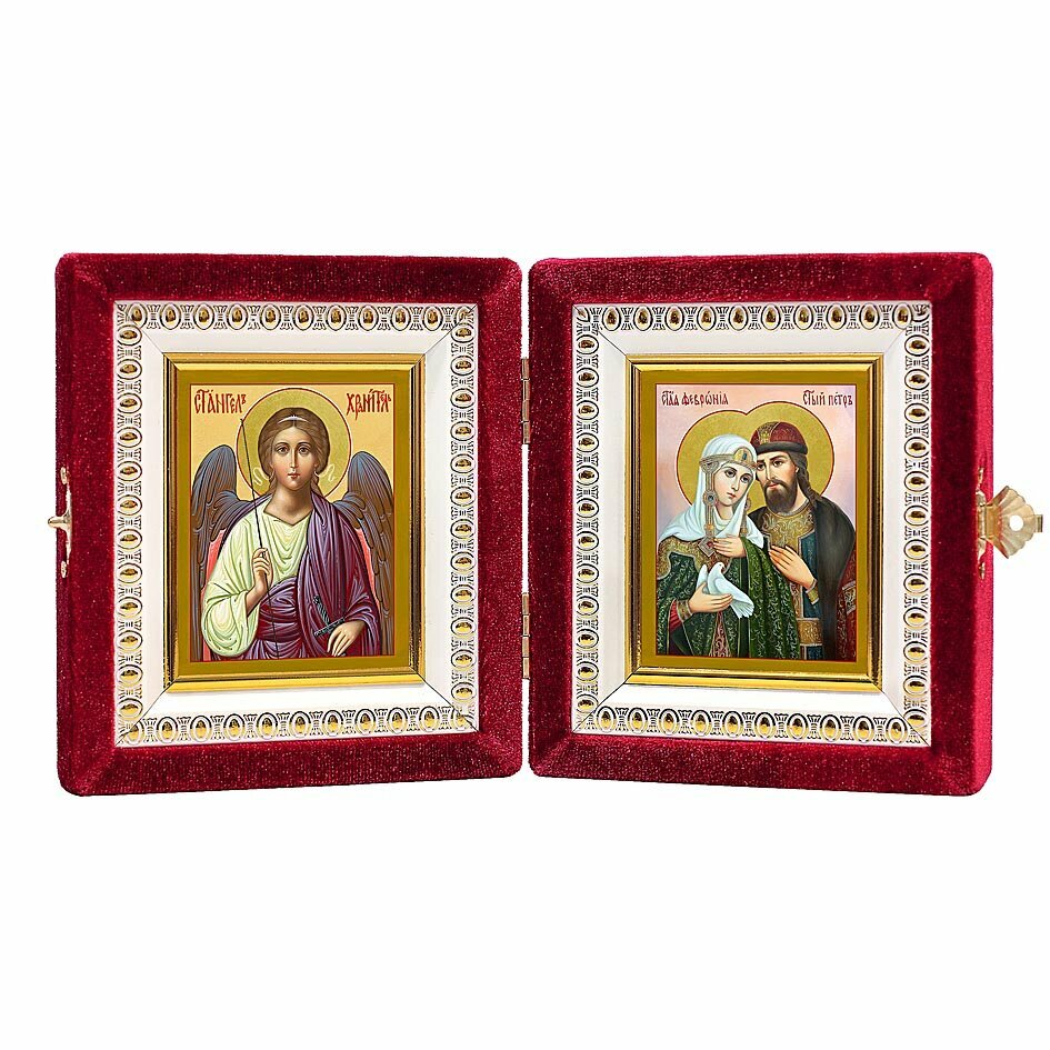 Складень именной "Благоверные князья Петр и Феврония Муромские с голубем (лик № 249) - Ангел Хранитель (лик № 212)", размер ликов 6*7,5 см