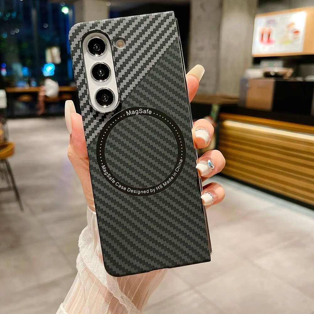 Чехол для телефона Magsafe с узором из углеродного волокна для Samsung Galaxy Z Fold 6, 5, 4, 3, тонкий жесткий чехол из ПК Черный, Black Silver, For Galaxy Z Fold3