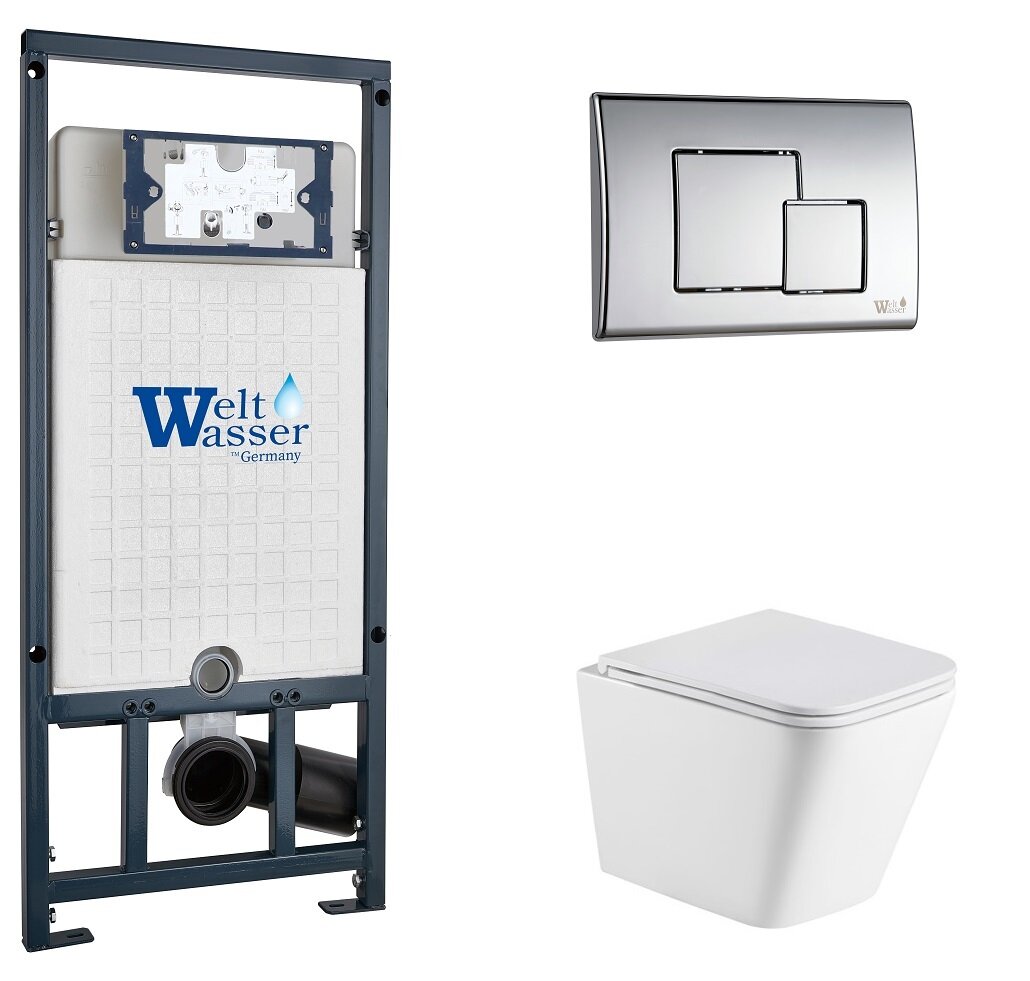 Унитаз подвесной WeltWasser MARBERG 507 + GELBACH 043 MT-WT + MAR 507 SE CR белый матовый, безободковый, с крышкой микролифт, слив-торнадо, с инсталляцией и кнопкой хром