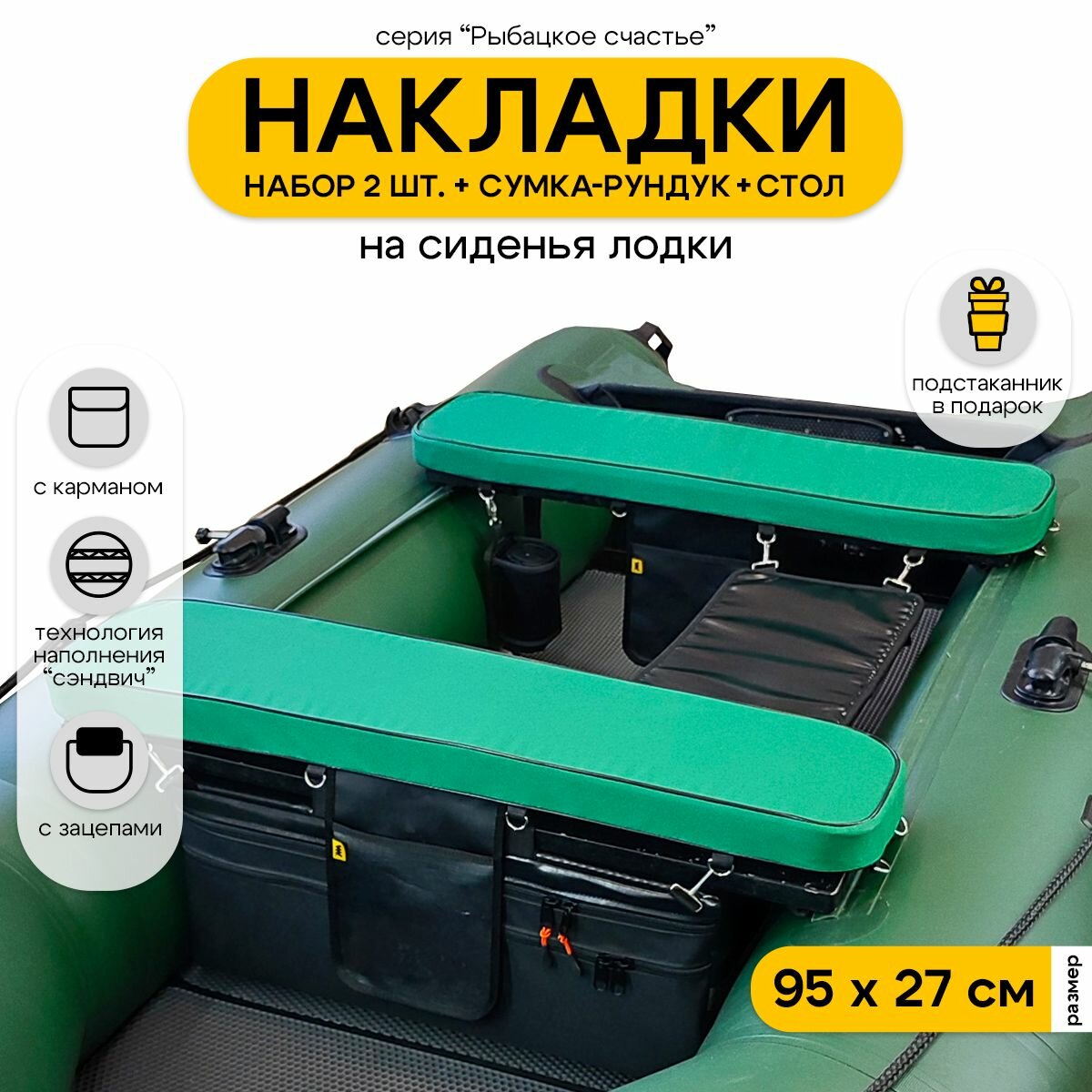 Мягкие накладки на сиденье для лодки ПВХ Рыбацкое счастье с сумкой-рундуком и столом