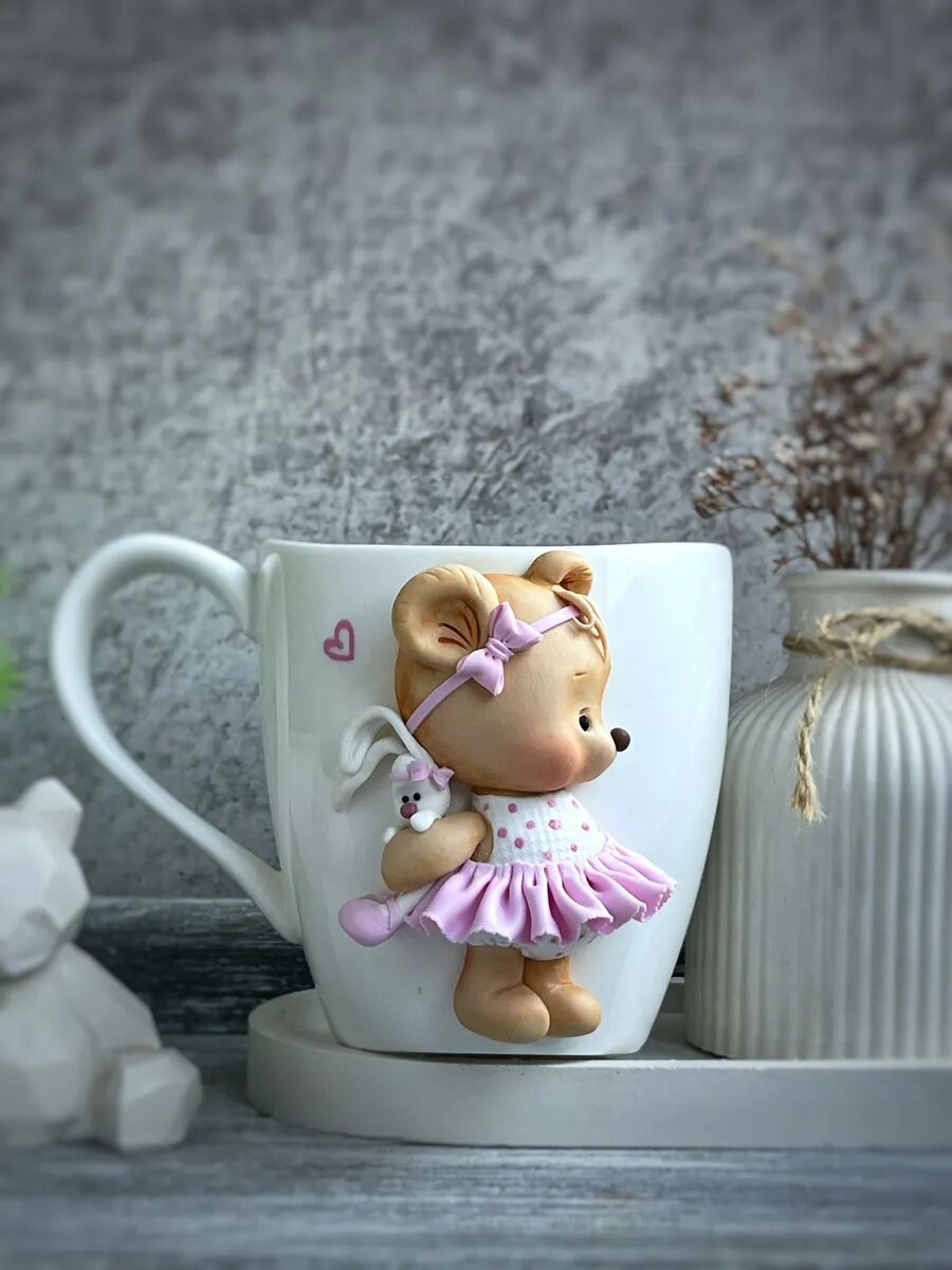 Кружка с мишкой из полимерной глины, кружка с декором, кружка для ребенка