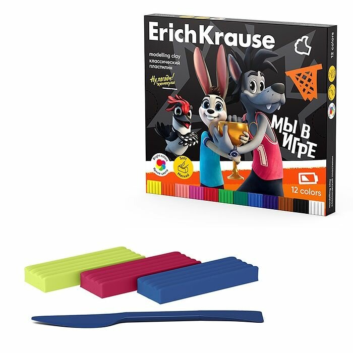Пластилин Erich Krause классический "Ну, Погоди! Каникулы" 12 цветов со стеком, 180 г