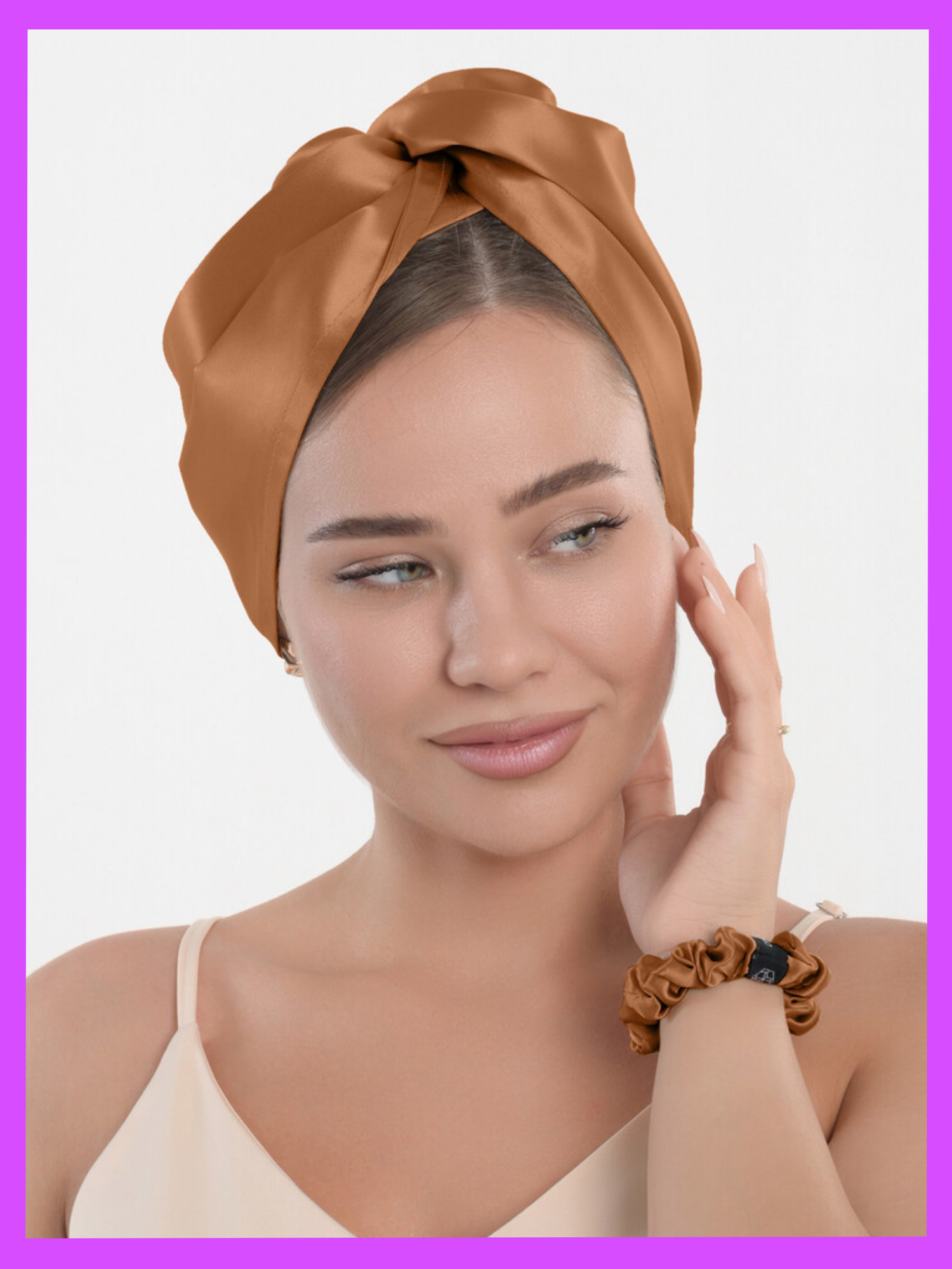 100% натуральный шёлк 22 момми/Набор: полотенце для сушки волос (тюрбан), резинка 2 см/медный цвет