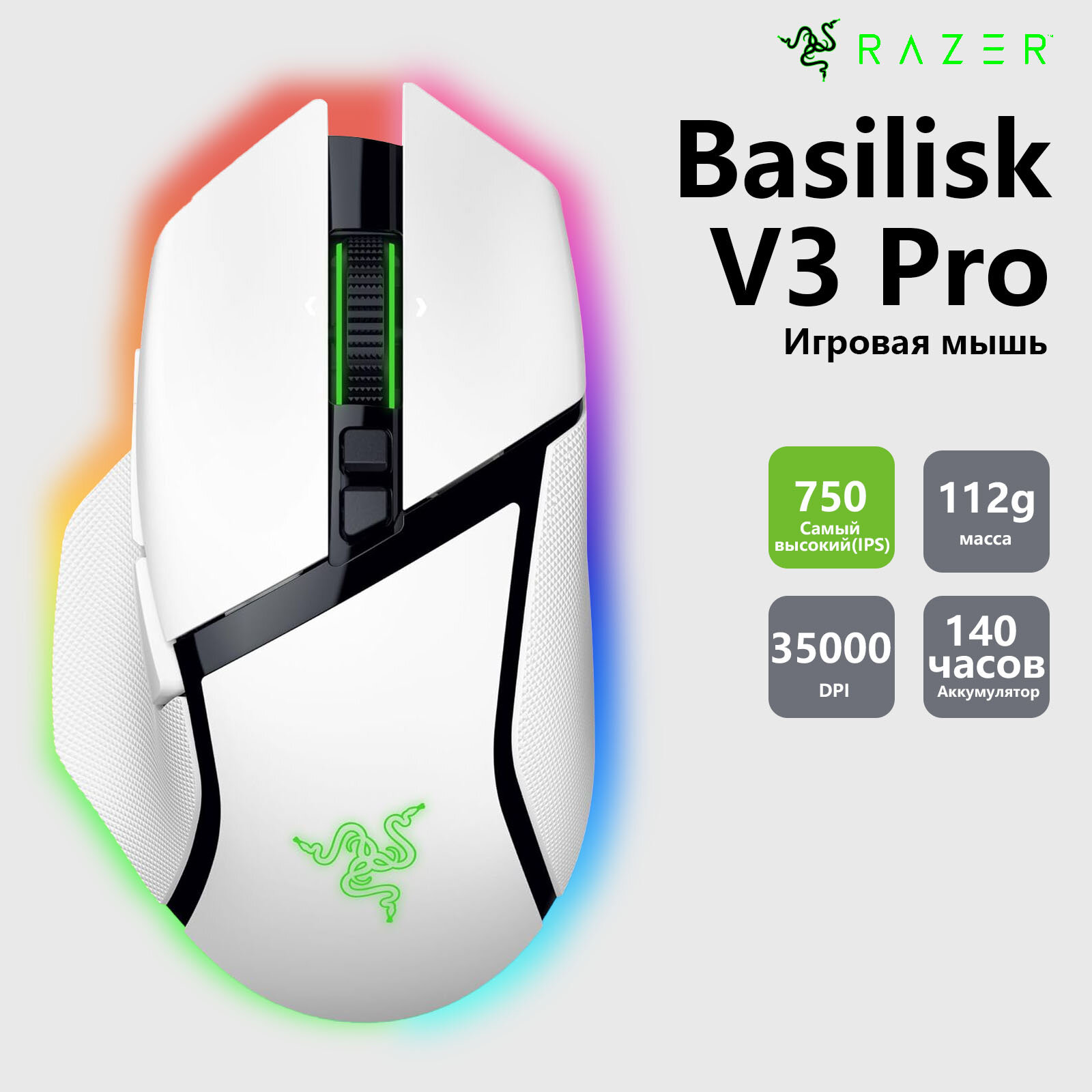 Игровая мышь Razer Basilisk V3 Pro белое 2.4ГГц, Bluetooth, USB, 35.000 dpi, 11 кнопок(RZ01-04620200-R3G1)
