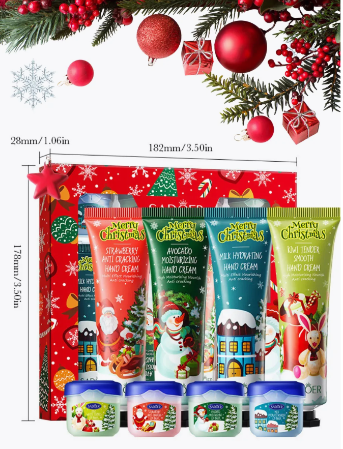 Подарочный набор для ухода "Зимний", для губ и рук, крем и бальзам. 8 штук