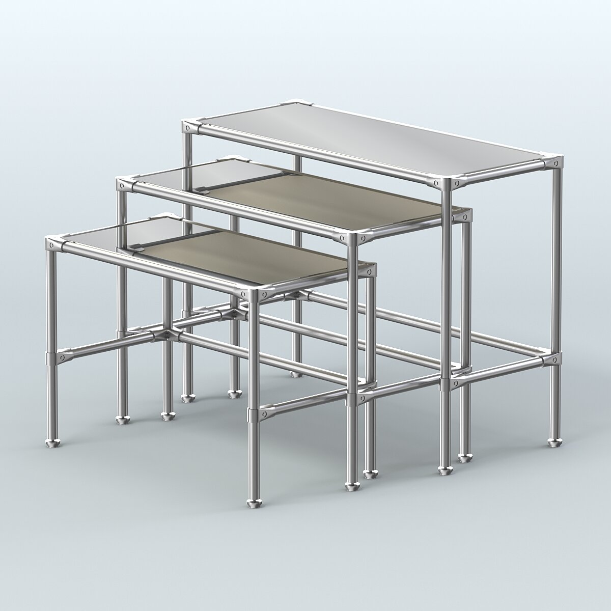 Комплект столов №1-5 с полками зеркало 4мм, Крем Вайс. Производство товара - компания ТОБ.