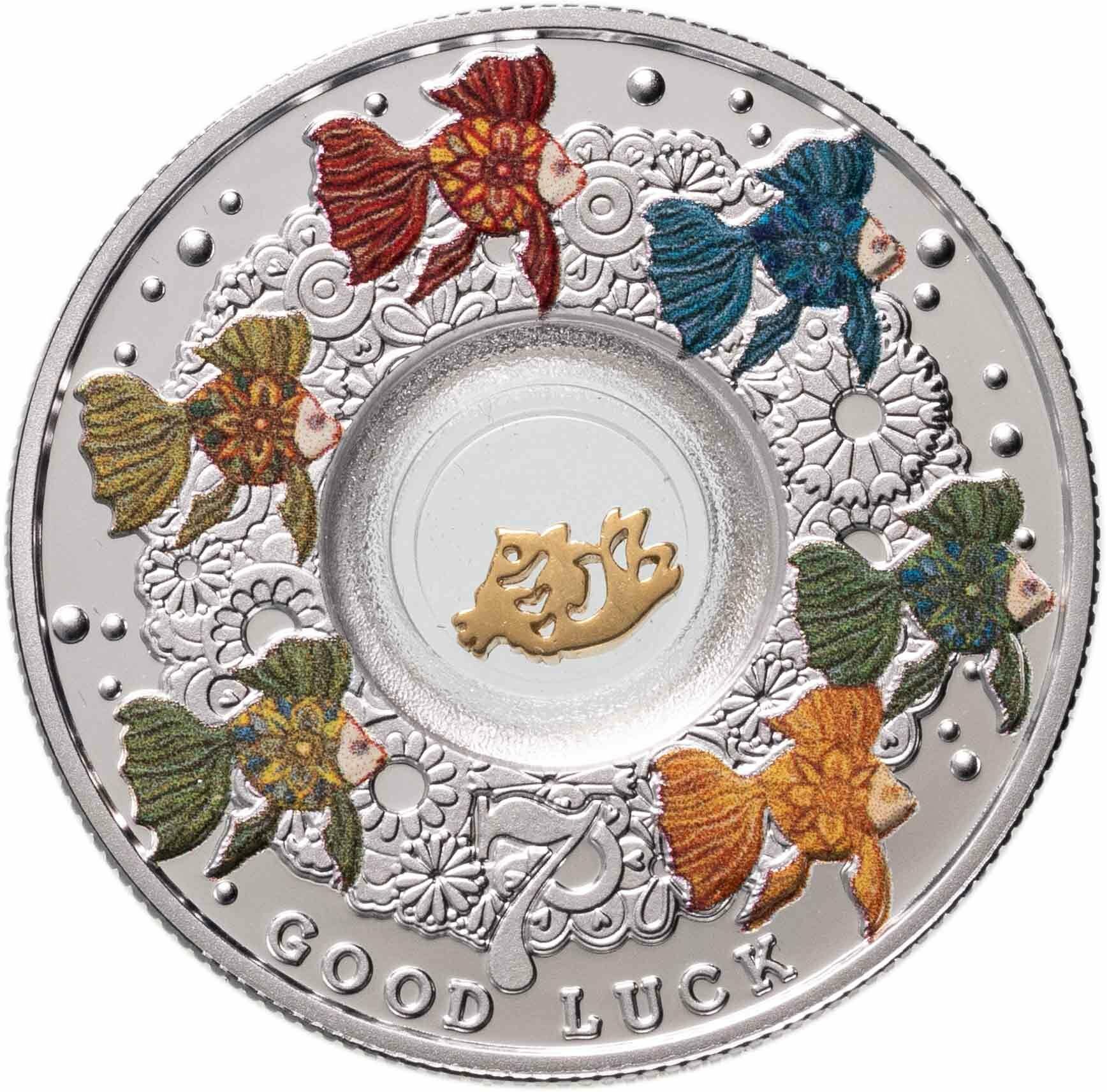 Камерун 500 франков 2017 "Счастливая семерка - 7 божьих рыбок" в футляре с сертификатом, Серебро 999, в сохранности Proof