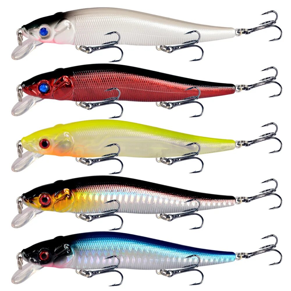 5 шт, рыболовная приманка Minnow Crankbait с тройными крючками, искусственная приманка, жесткий 3d-глаз, воблер для щуки