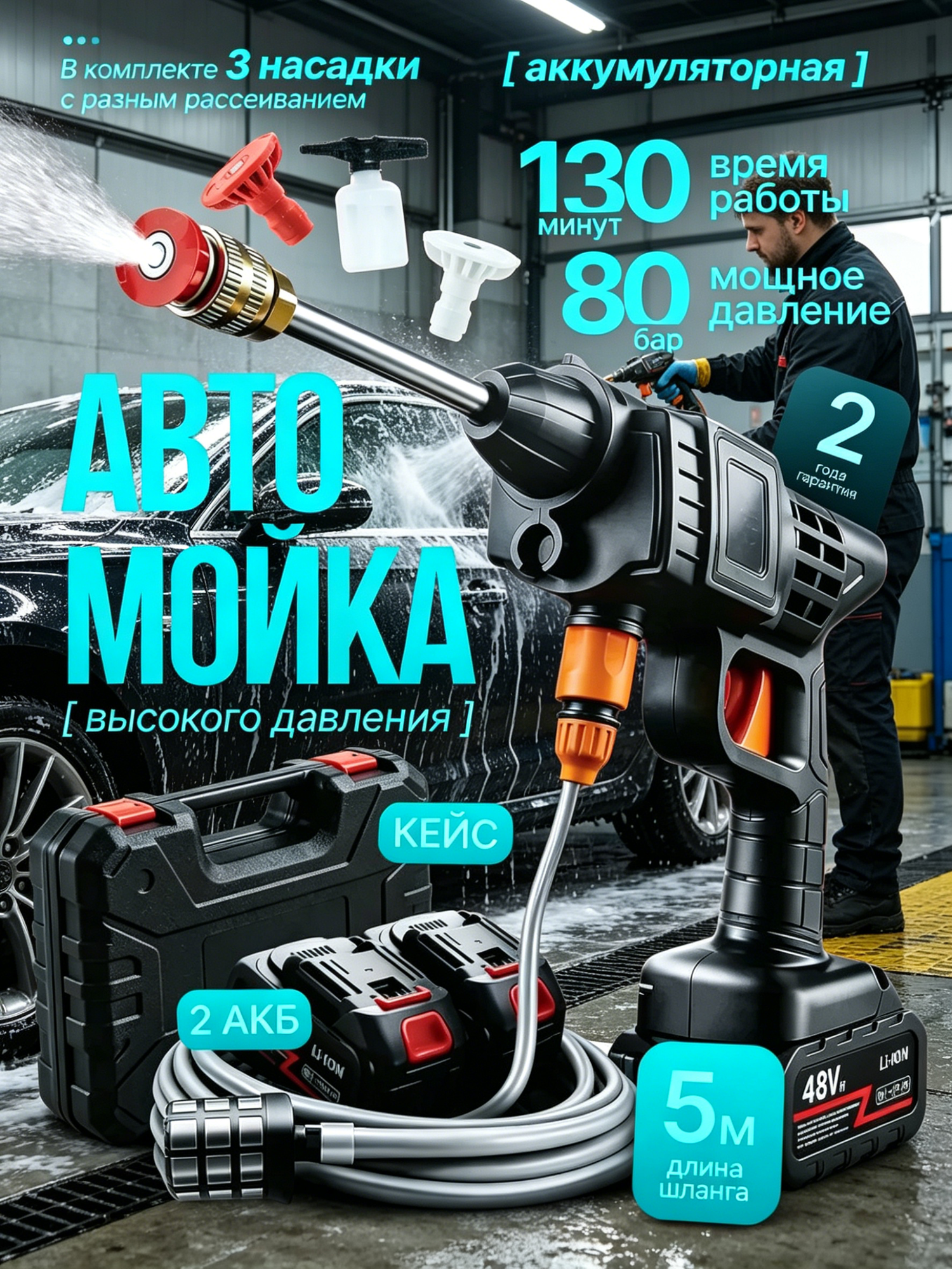 Минимойка высокого давления, на литиевых аккумуляторах, для авто и сада, 30 бар