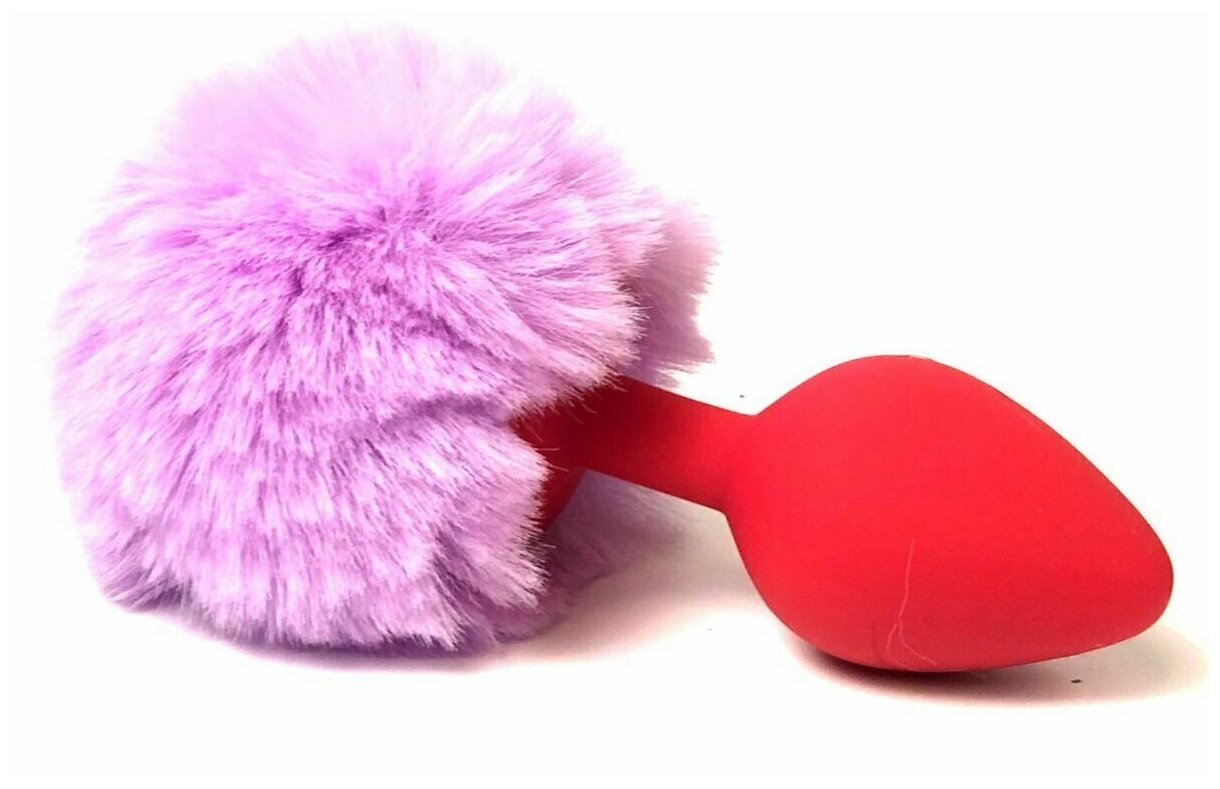 Красная анальная пробка размера S с пушистым лиловым хвостиком зайки