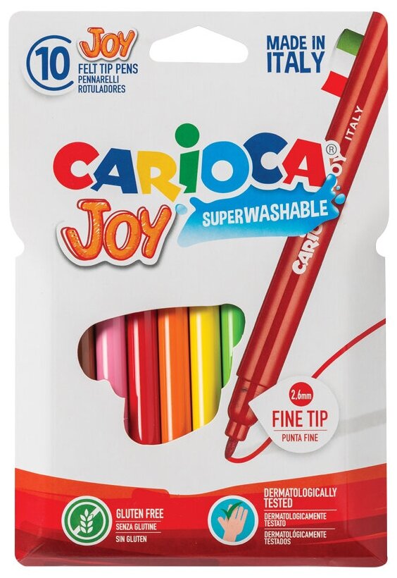 Комплект 12 шт, Фломастеры Carioca "Joy", 10цв, смываемые, картон, европодвес