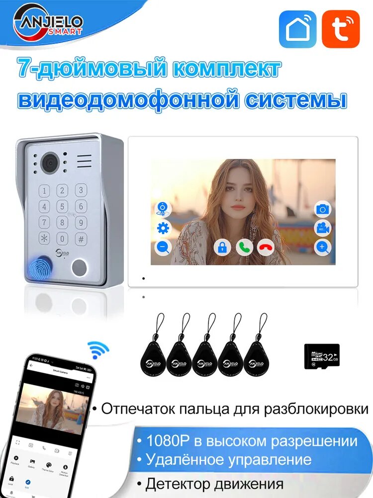 Уличная панель видеодомофона 4-проводная, 2MP камера, отпечаток пальца, пароль, RFID