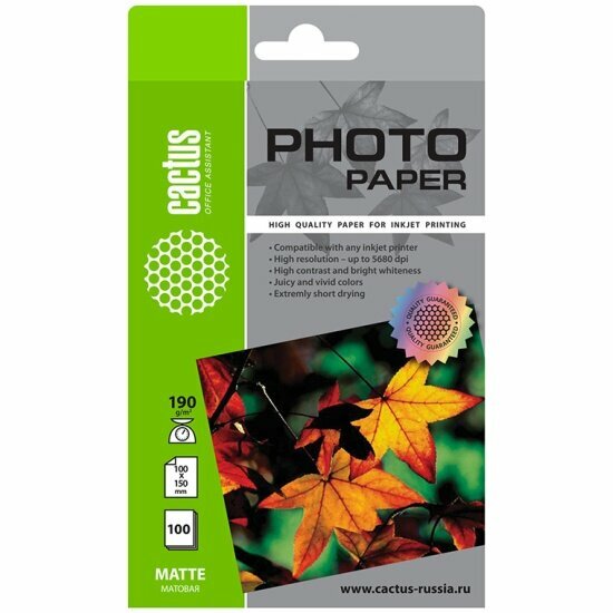 Фотобумага Cactus CS-MA6190100 10x15/190г/м2/100л./белый матовое для струйной печати