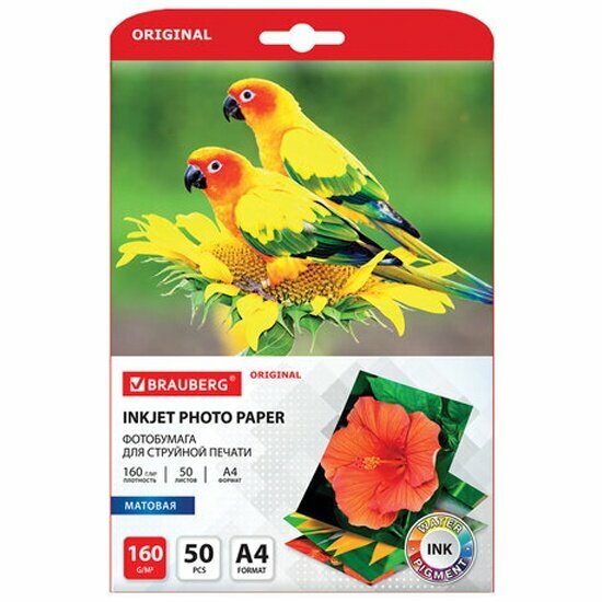 Фотобумага матовая Brauberg А4, 160 г/м2, односторонняя, 50 листов, ORIGINAL, 363985