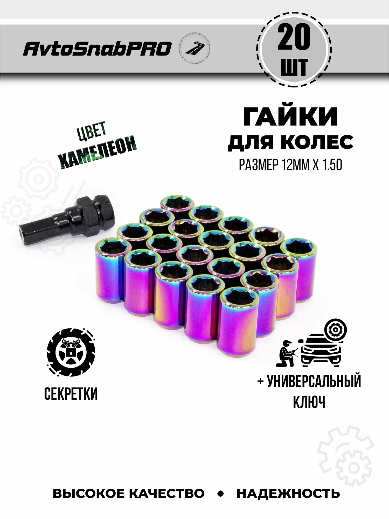 Набор гаек Secret Wheels, М12 х 1.5, резьба, ключ в комплекте, 20шт
