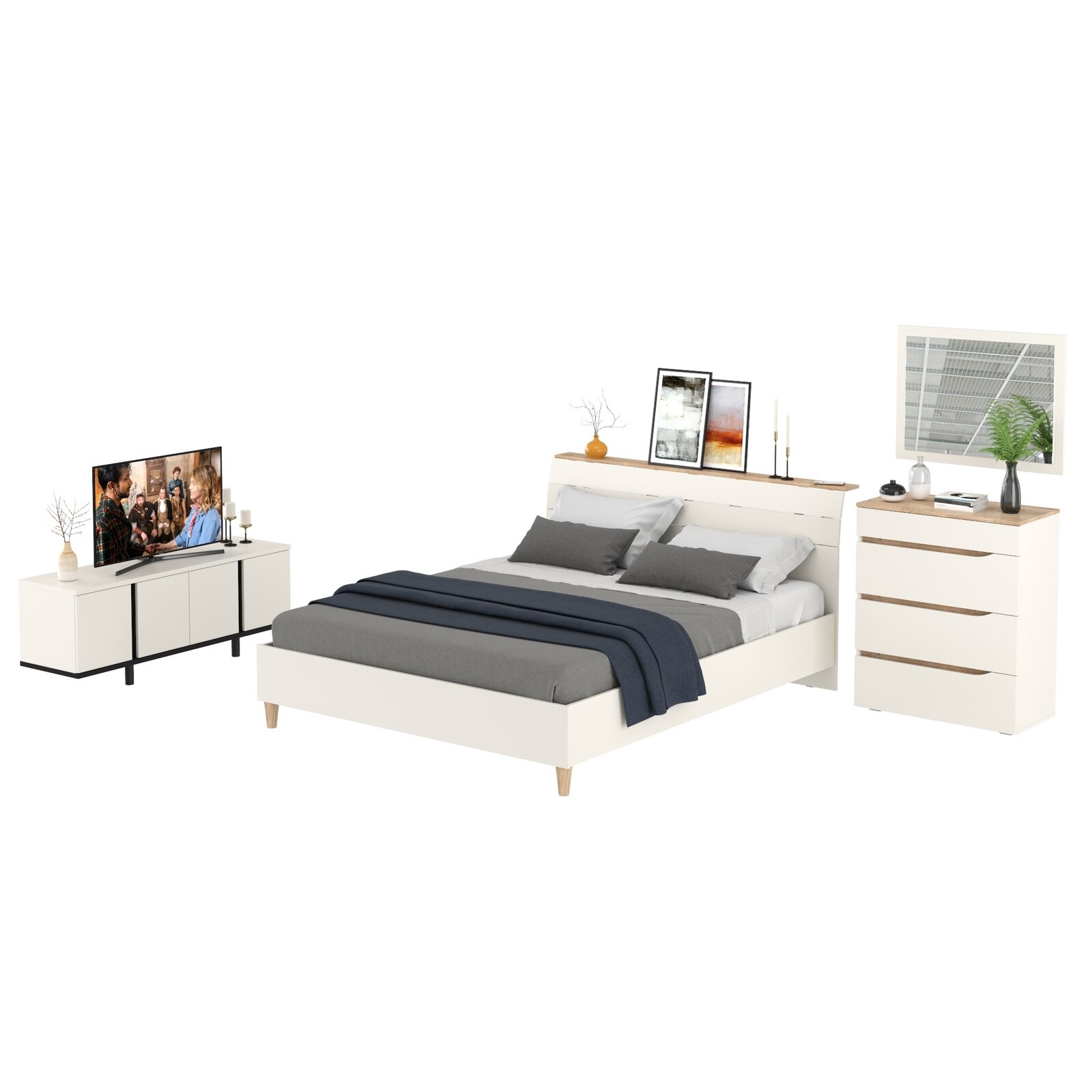 Мебель для спальни Муссон 11600 с тумбой для аппаратуры 13.276 цвет белый/чёрный/дуб эндгрейн элегантный