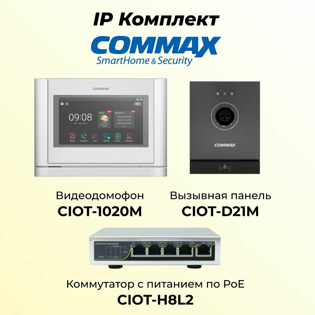 IP Комплект видеодомофона, вызывной панели и коммутатора COMMAX CIOT-1020MWhite/D21M/H8L2