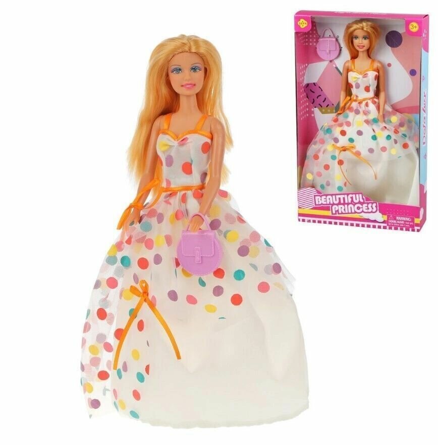 Кукла 29см в пышном платье в горошек с сумкой 8452