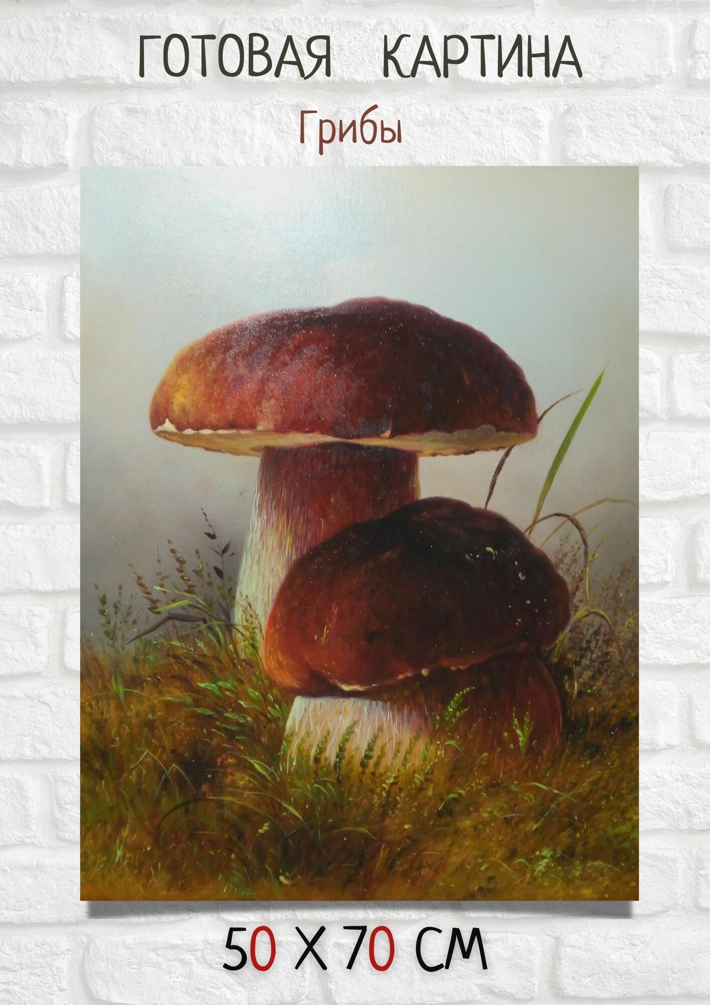 Картина на холсте с белыми грибами на бору в траве 50х70