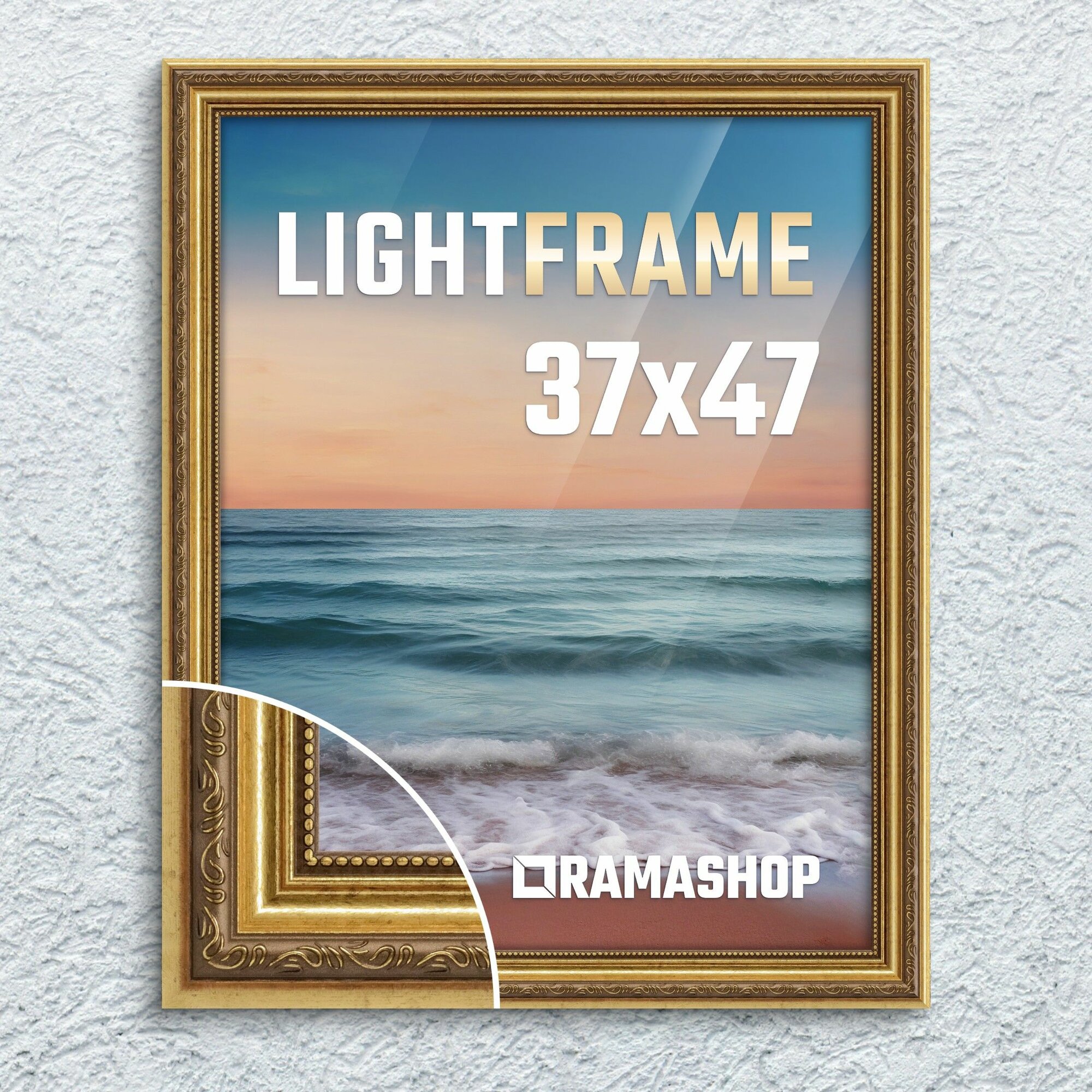 Рамка для фото 37х47 см, серия "Light Frame", фоторамка багетная. Золото, Классический профиль 32х24 мм, Пластик