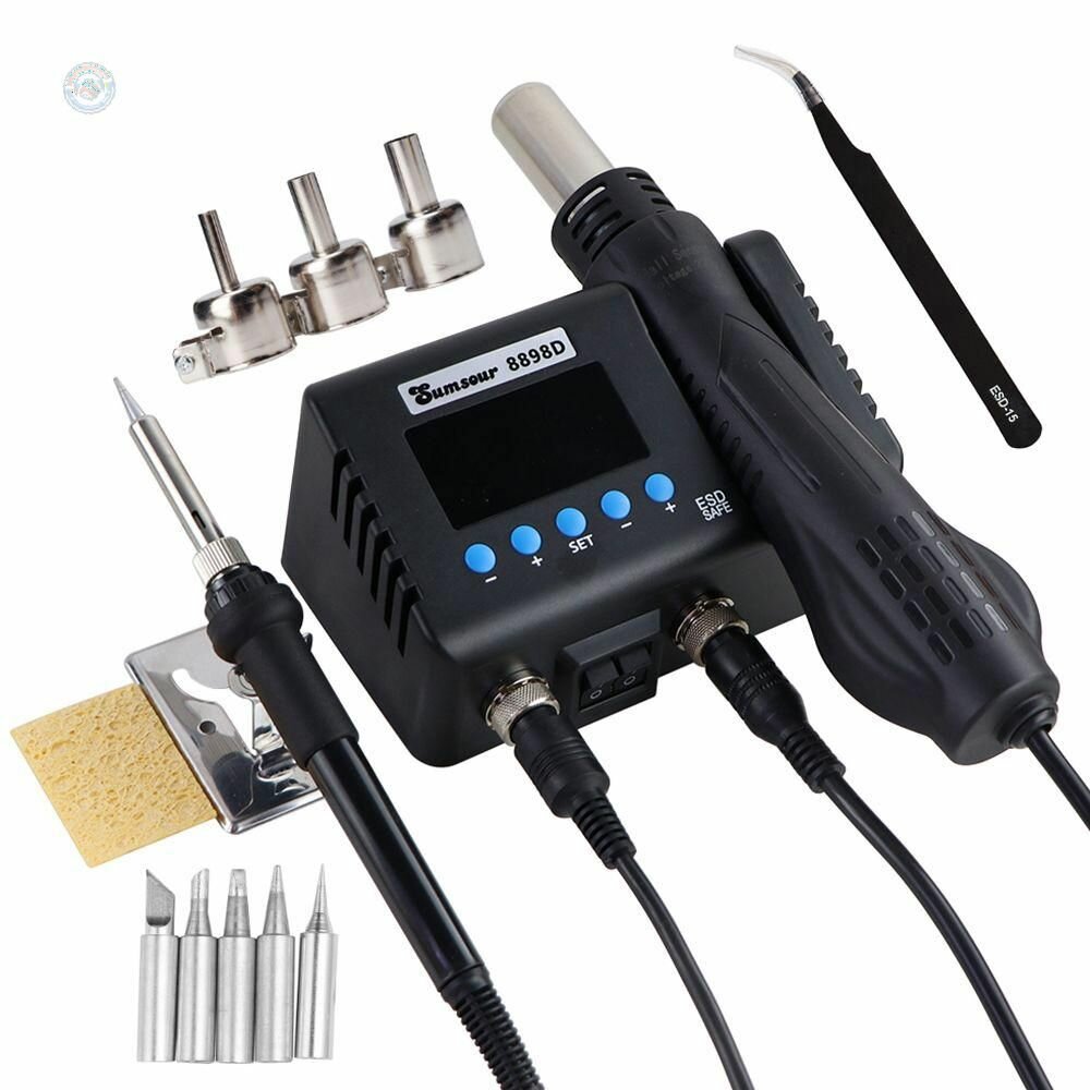 Паяльная станция 2 в 1 с горячей воздушной пушкой и керамическим паяльником, ремонтная станция для электроники, регулировка температуры, ESD защита, универсальный набор для пайки и разпаивания