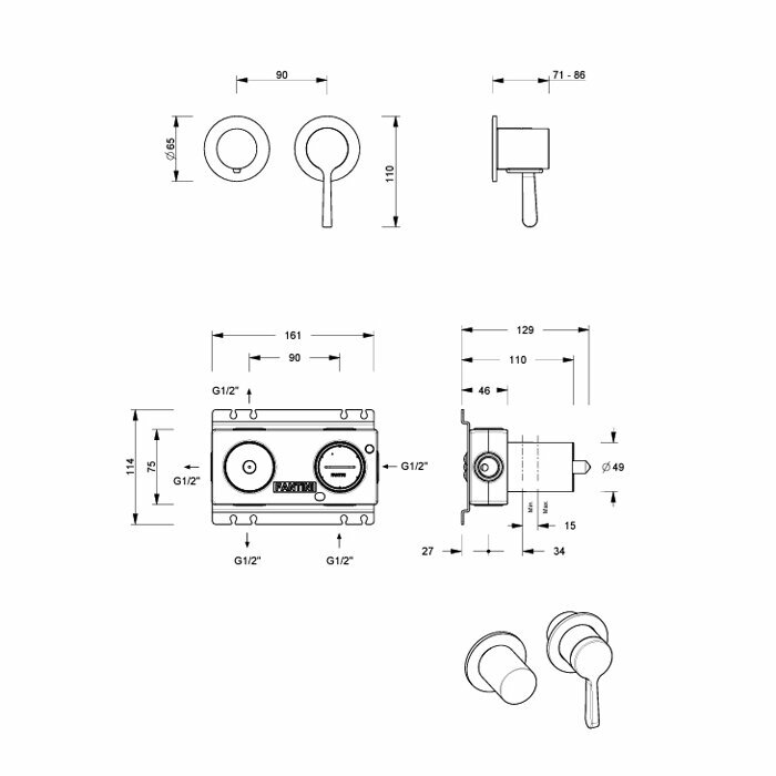 FANTINI Внутренняя часть смесителя для душа, переключатель на 3 источника, 1/2"