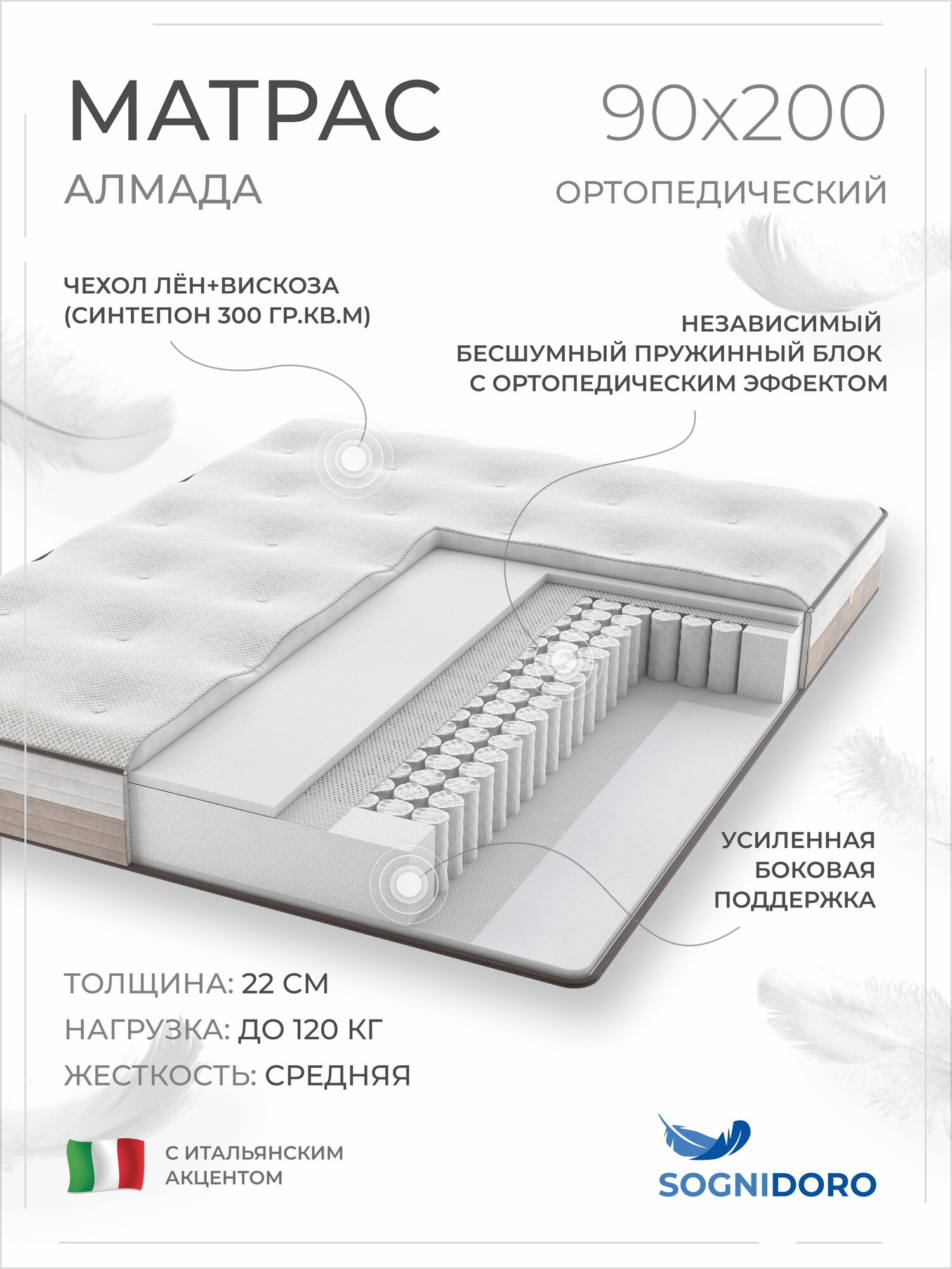 Матрас 90х200, ортопедический, анатомический, независимый пружинный блок, алмада