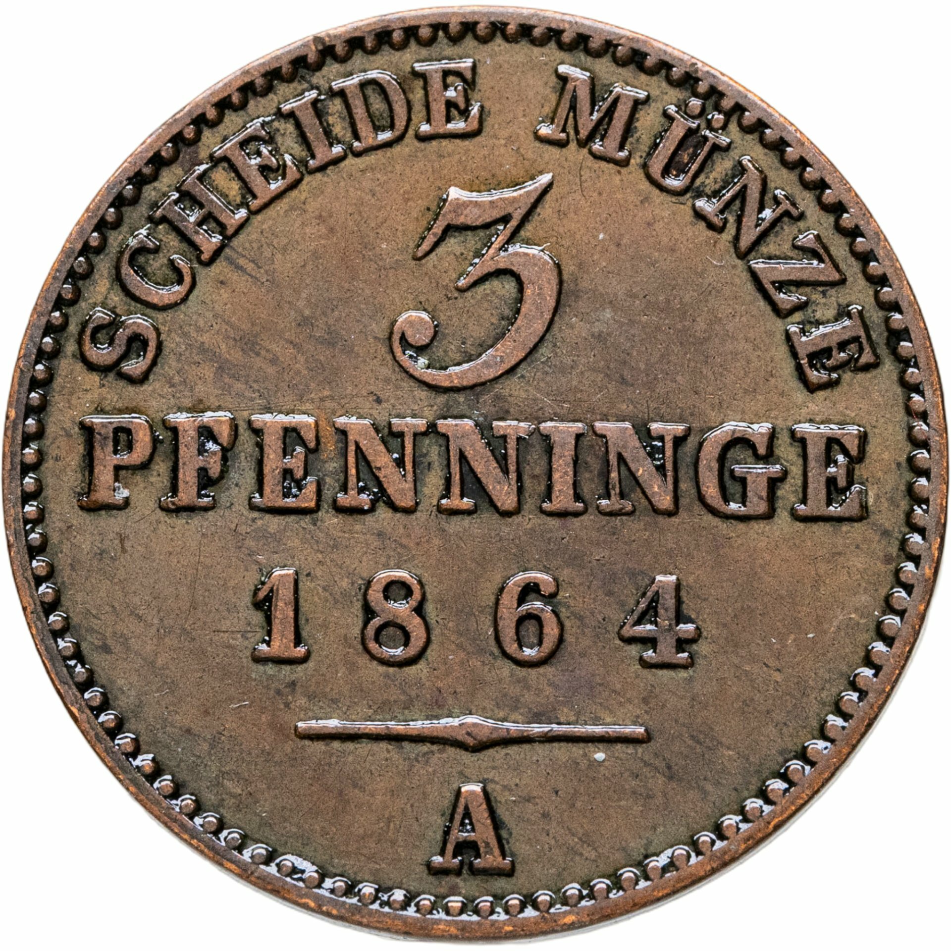 Германия, Пруссия 3 пфеннинга 1864 А, Медь, в сохранности XF