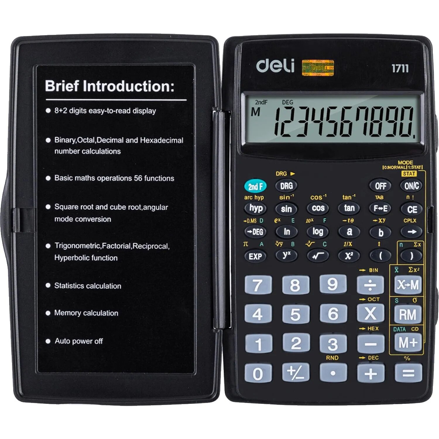 Калькулятор научный Deli E1711, 8-р, 56 функций, бат, 120x72мм, черный