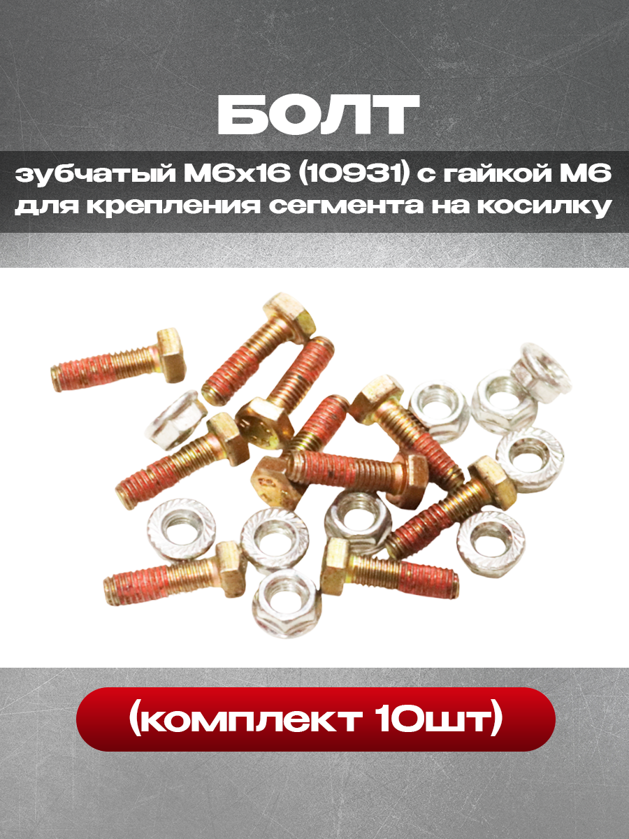 Болт зубчатый М6х16 (10931) с гайкой М6 13961 для крепления сегмента на косилку (комплект 10 шт.)