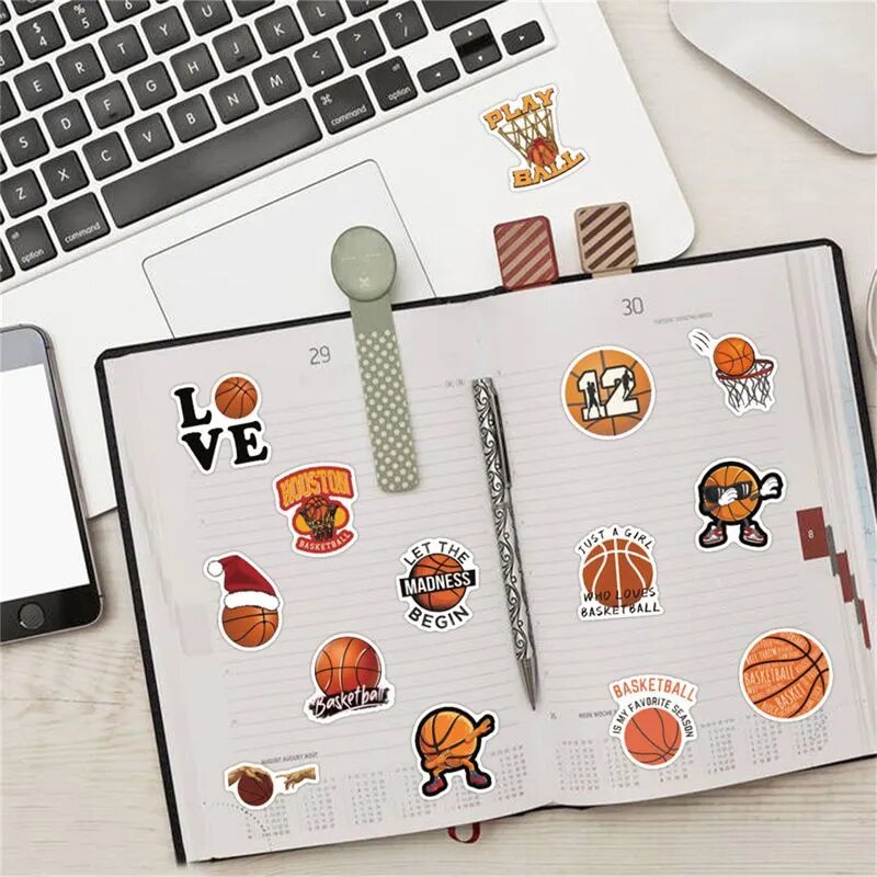 Наклейки на стену для декора для детей и малышей 120 шт. Баскетбол на телефон. Наклейка на велосипед и ноутбук. Стикеры аниме для замето