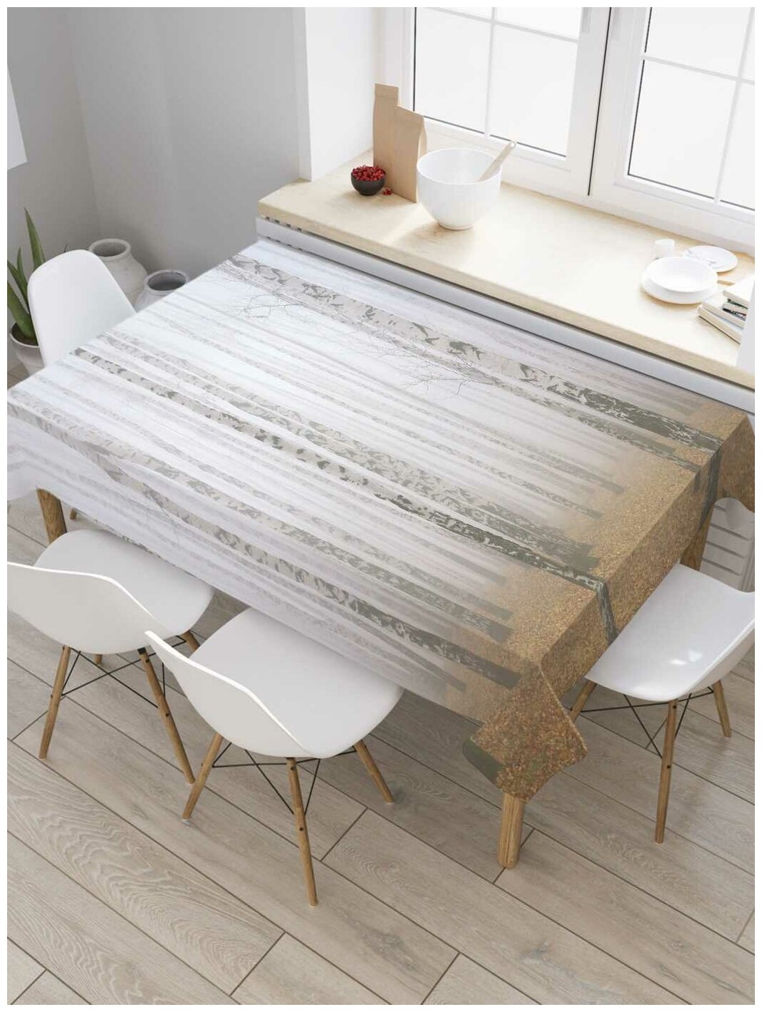 Прямоугольная водоотталкивающая скатерть на стол "Березовый лес" 145х180, JoyArty