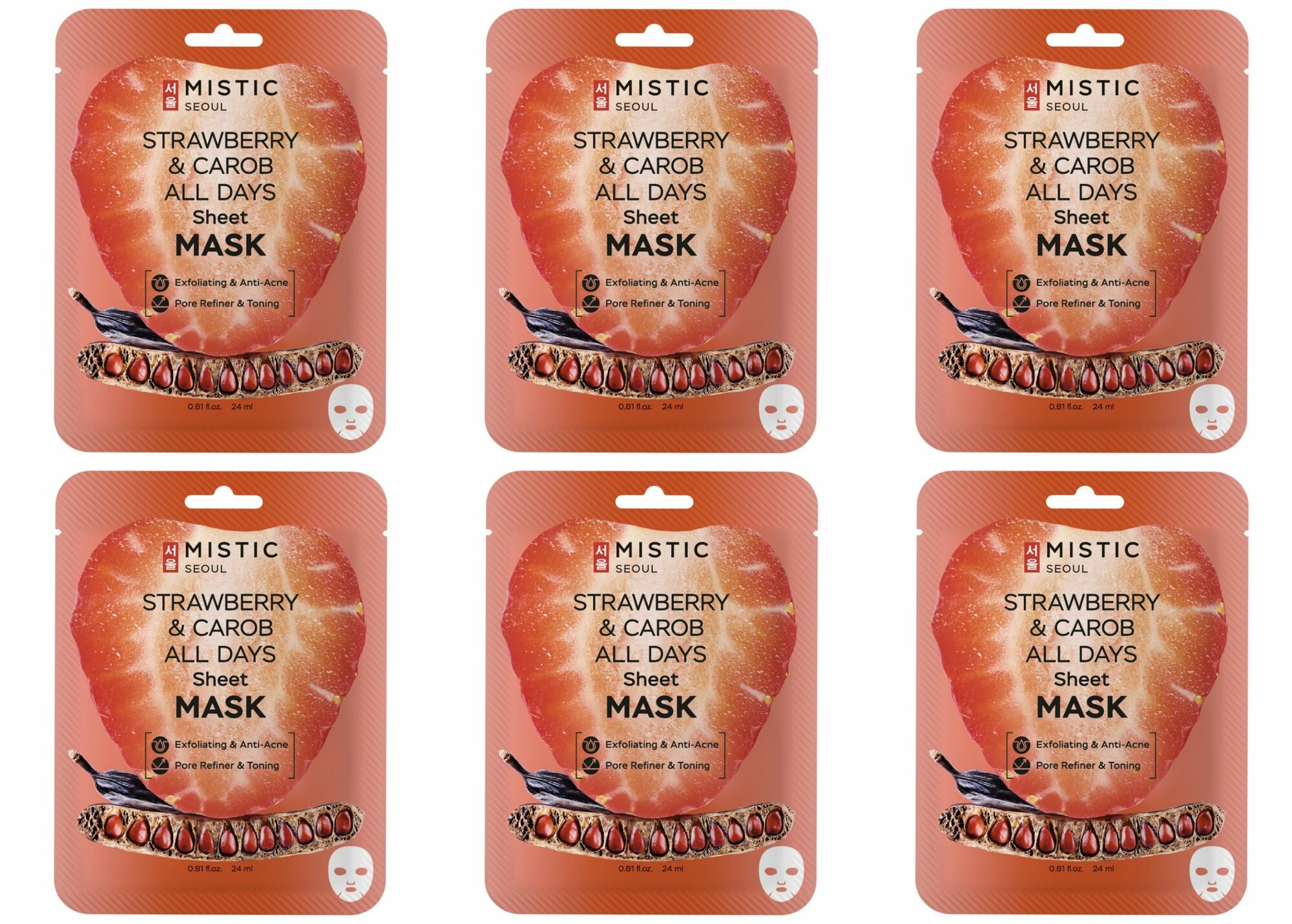 MISTIC Тканевая маска для лица с экстрактами клубники и кэроба, 22 мл, 6 шт